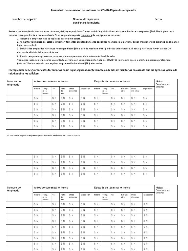 CDPHE EmployeeHealthScreeningForm SPANISH 8.14.20 | PDF | Salud pública ...