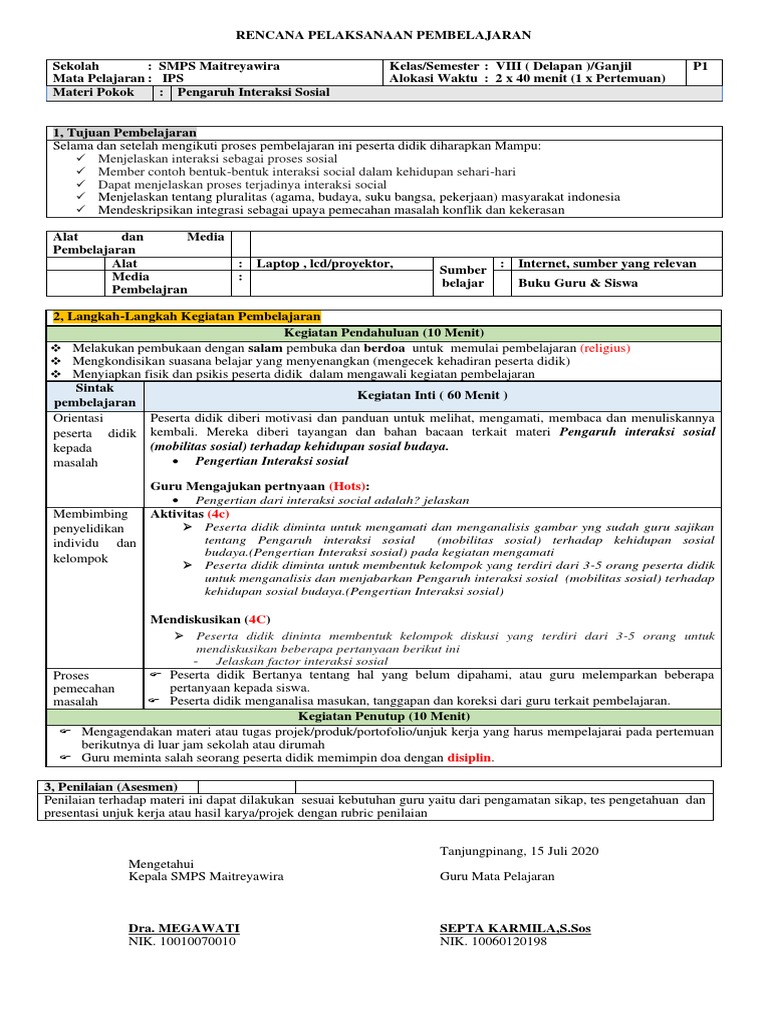 RPP IPS 1 Lembar Kelas 8 Semester 1 Pluralitas | PDF