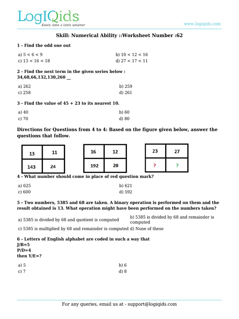 Skill: Numerical Ability::Worksheet Number:62 | PDF | Numbers | Multiplication