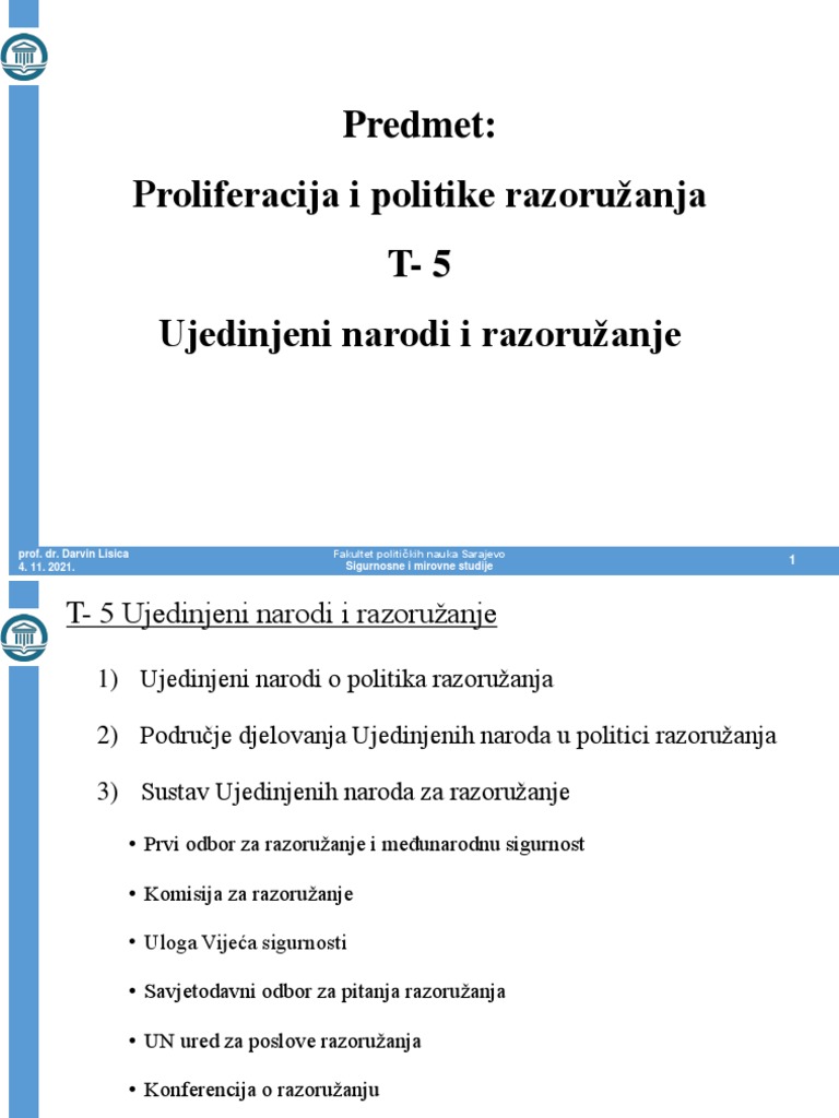 Predmet: Proliferacija I Politike Razoružanja T-5 Ujedinjeni Narodi I ...