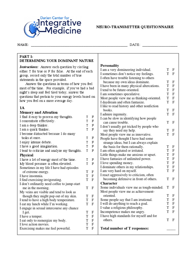 Neuro-Transmitter Questionnaire: Determining Your Dominant Nature | PDF ...