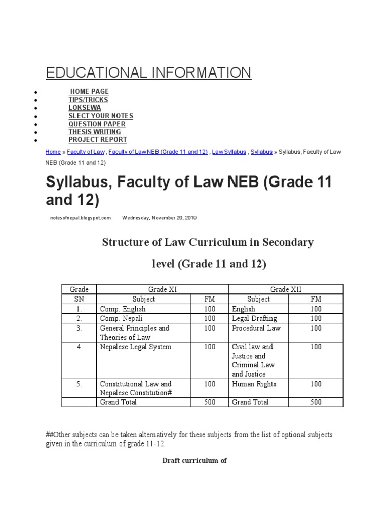 Syllabus, Faculty of Law NEB (Grade 11 and 12) : Educational ...