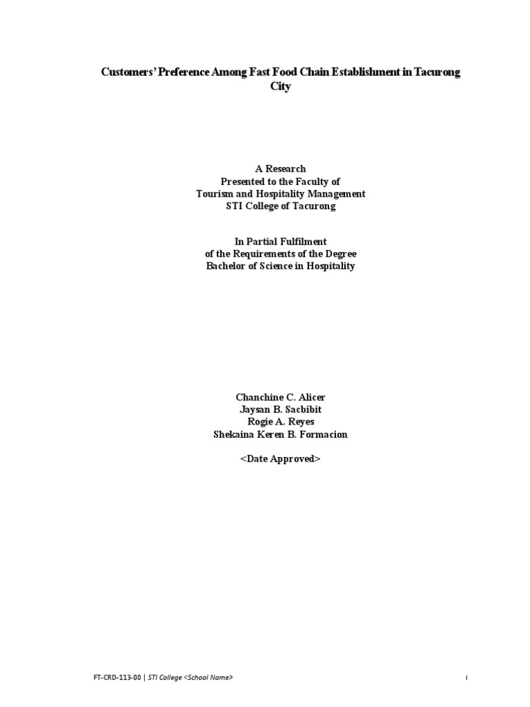 Customers' Preference Among Fast Food Chain Establishment in Tacurong ...