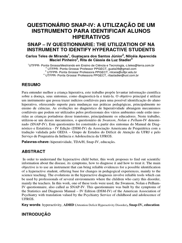 Questionario SNAP | PDF | Transtorno de déficit de atenção e ...