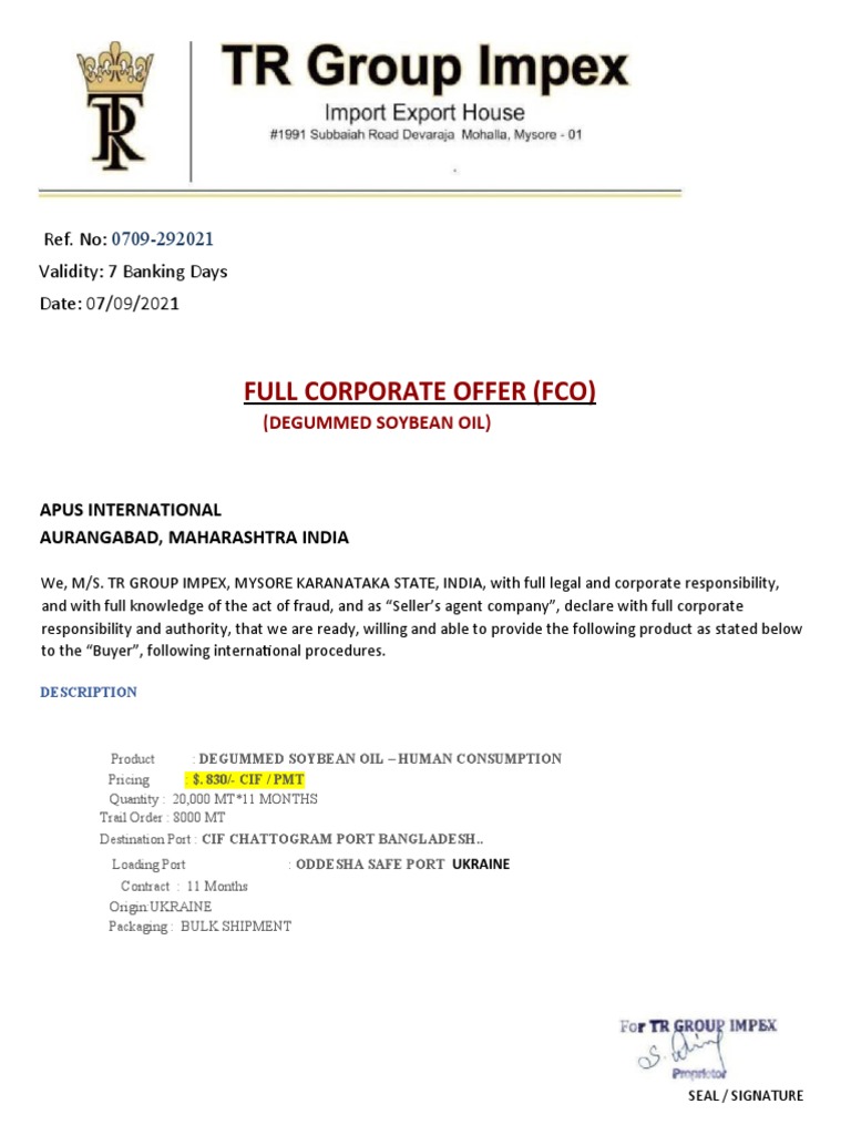 FCO Offer for Degummed Soybean Oil | PDF | Letter Of Credit