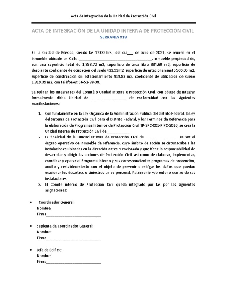 Acta de Integración de La Unidad Interna de Protección Civil | PDF | Defensa Civil | Gobierno