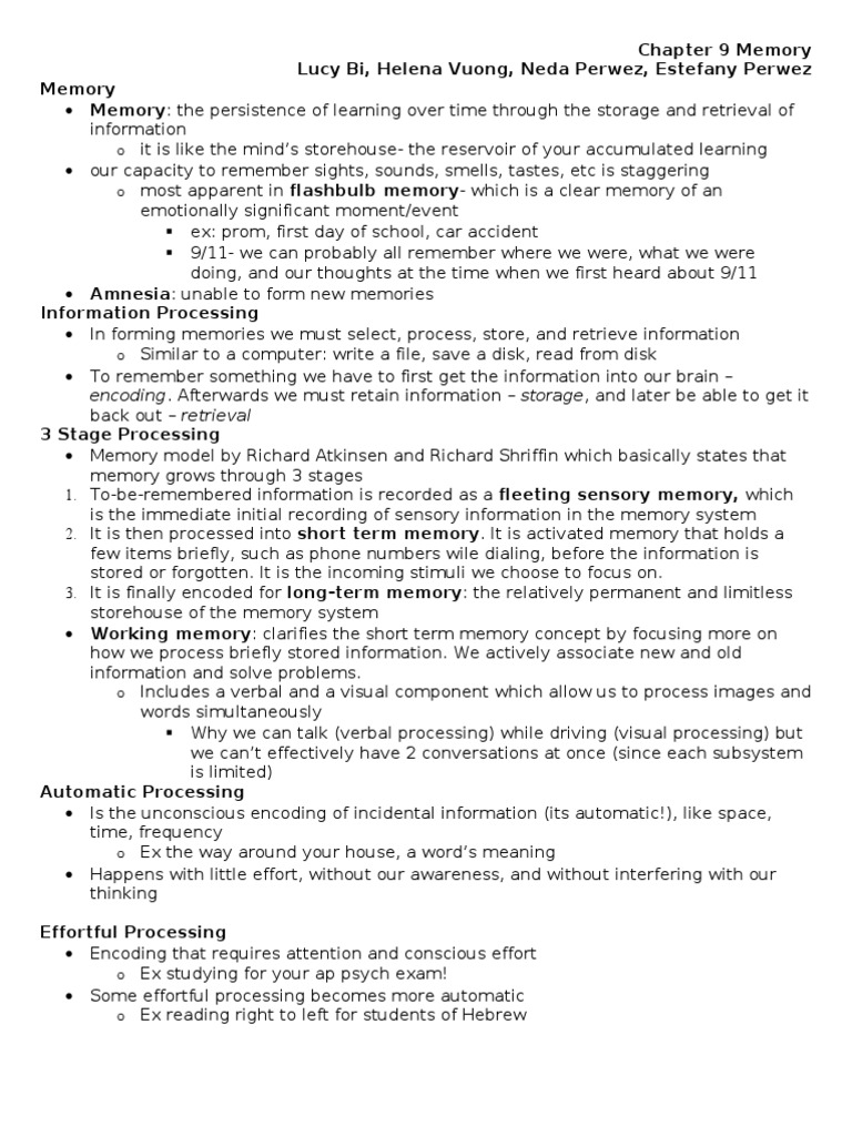 Memory Group Notes | PDF | Memory | Recall (Memory)