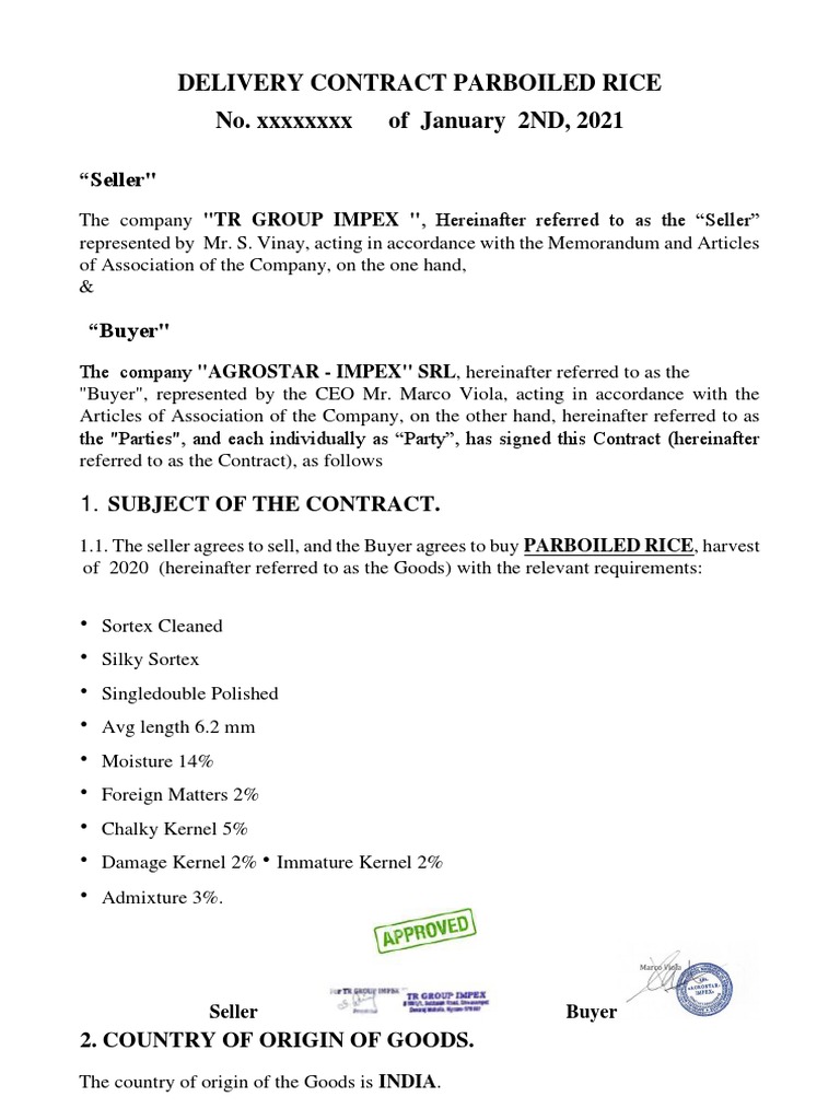 Delivery Contract Parboiled Rice No. XXXXXXXX of January 2ND, 2021 ...