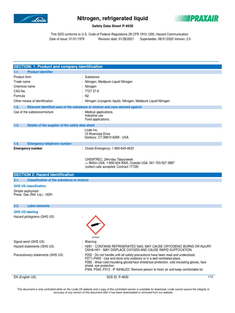 Liquid Nitrogen Medipure Gas n2 Safety Data Sheet Sds p4630 | PDF ...