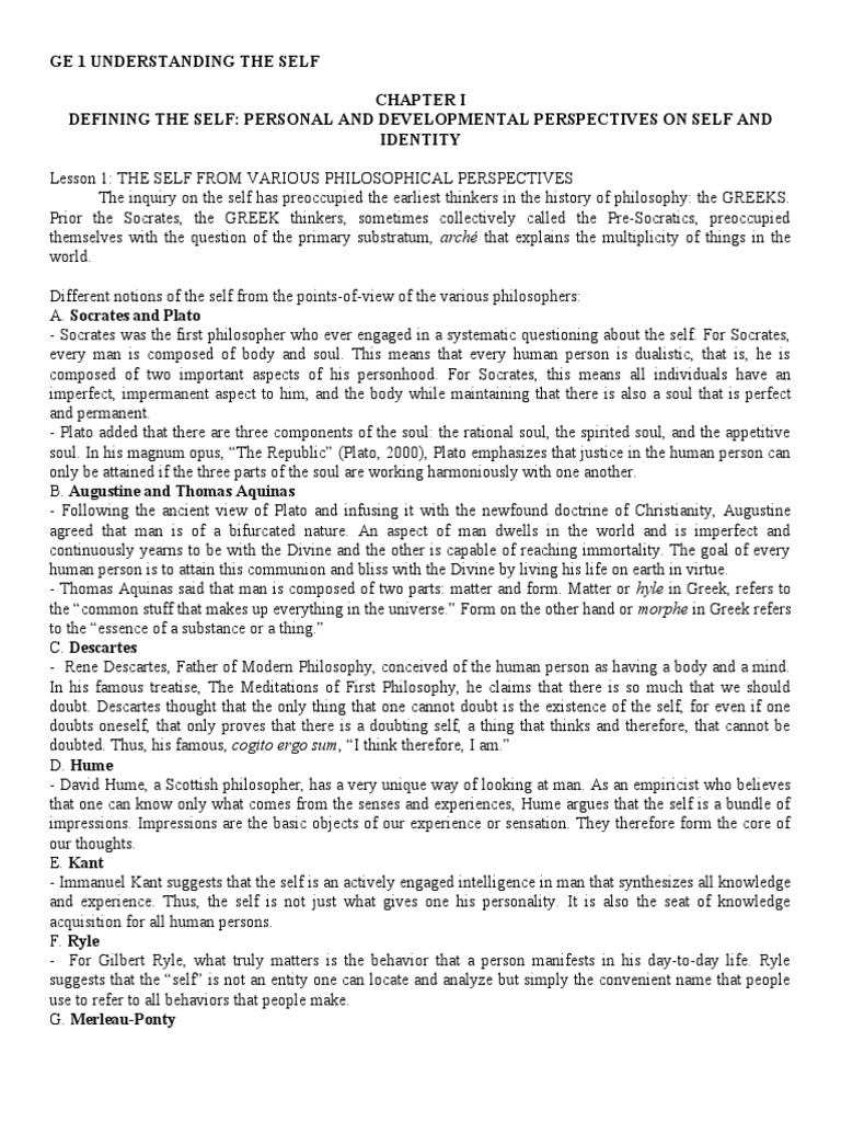Ge 1 Understanding The Self Defining The Self: Personal and ...