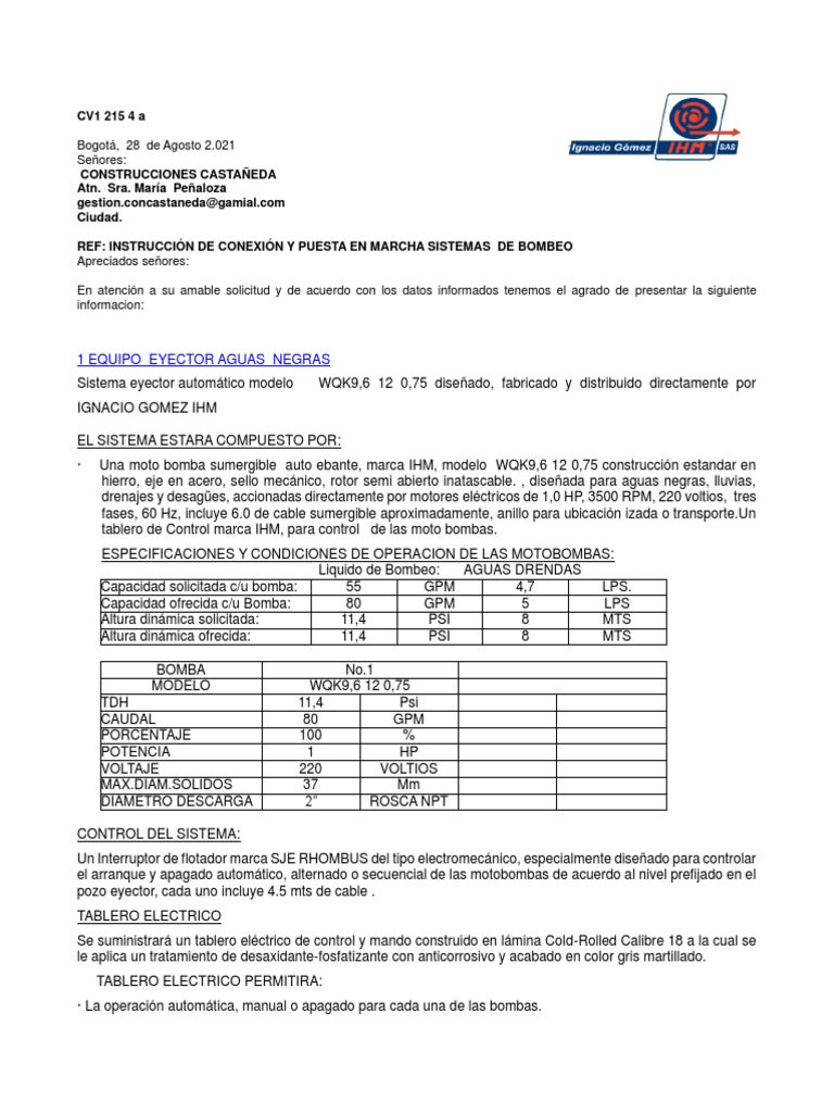 Ficha Tecnica Bombas | PDF | Relé | Bomba