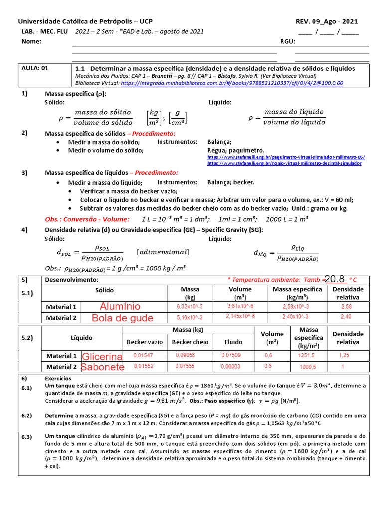 Relatório 1 - Lab Mecflu | PDF | Viscosidade | Densidade