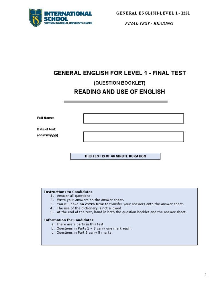 General English For Level 1 - Final Test: (Question Booklet) | PDF
