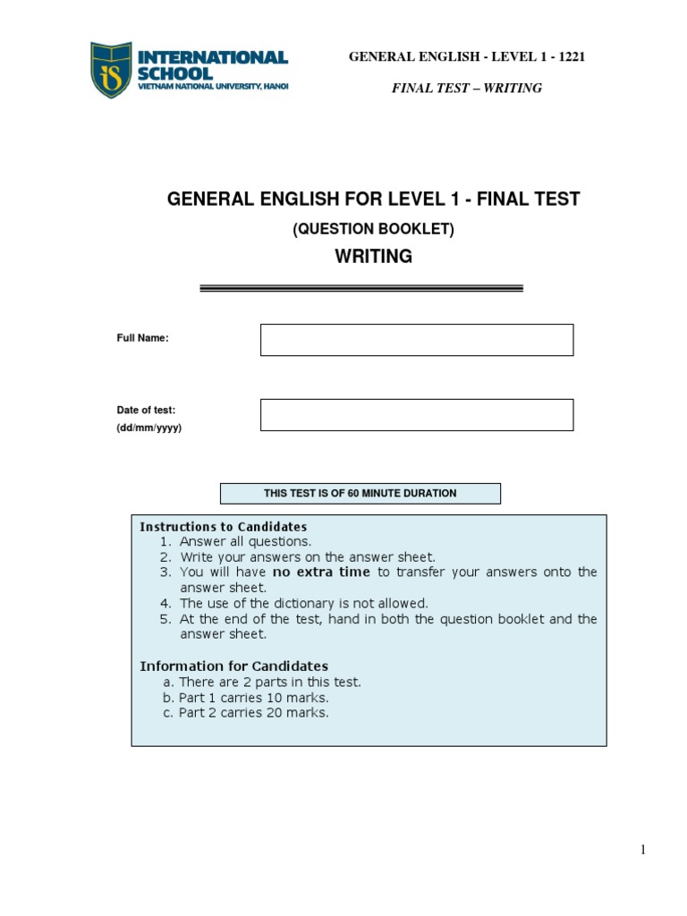 General English For Level 1 - Final Test: (Question Booklet) | PDF ...