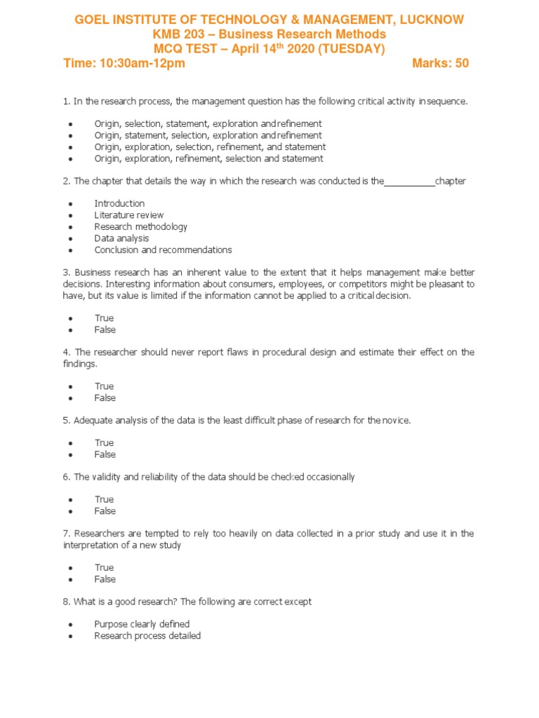 MCQ BRM | PDF | Sampling (Statistics) | Survey Methodology