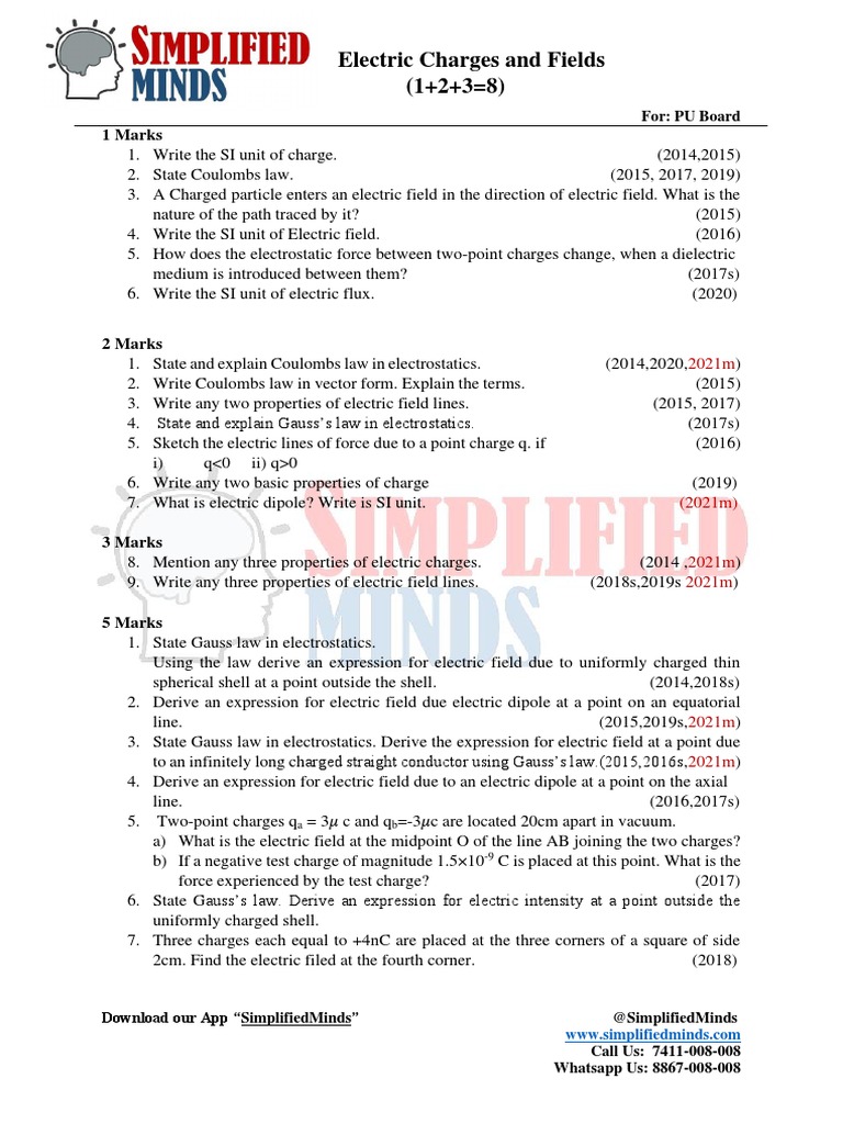 Electric Charges and Fields 2ndPUC PYQs | PDF | Electric Field | Electrostatics