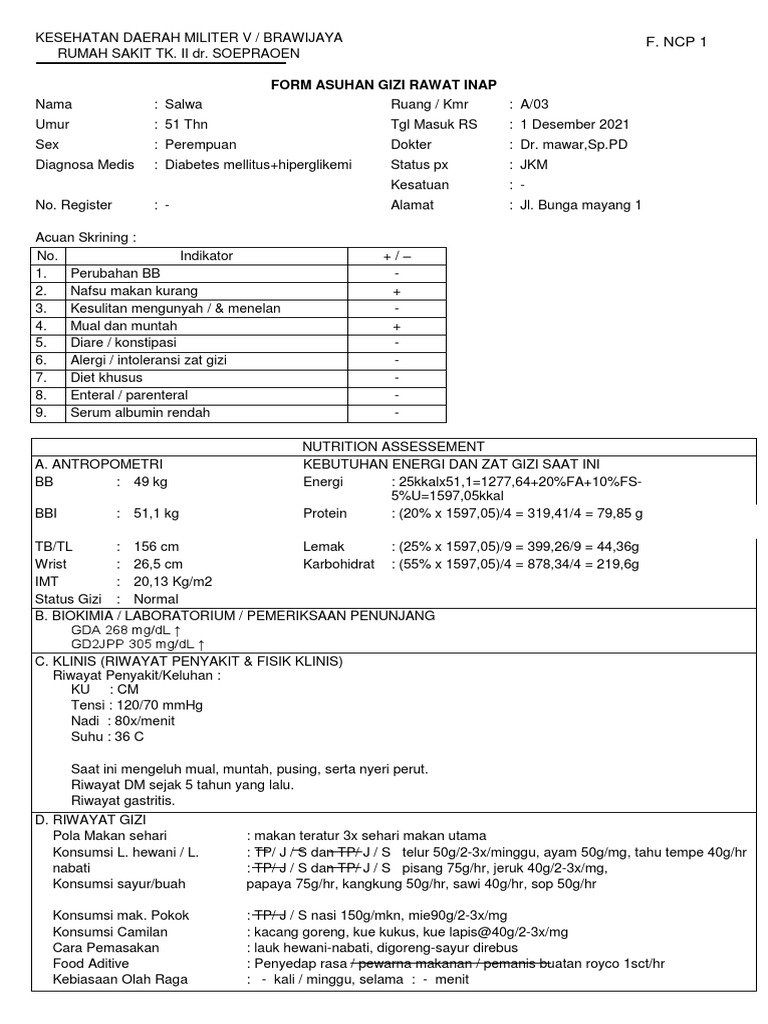 Form Asuhan Gizi Rawat Inap: F. NCP 1 | PDF