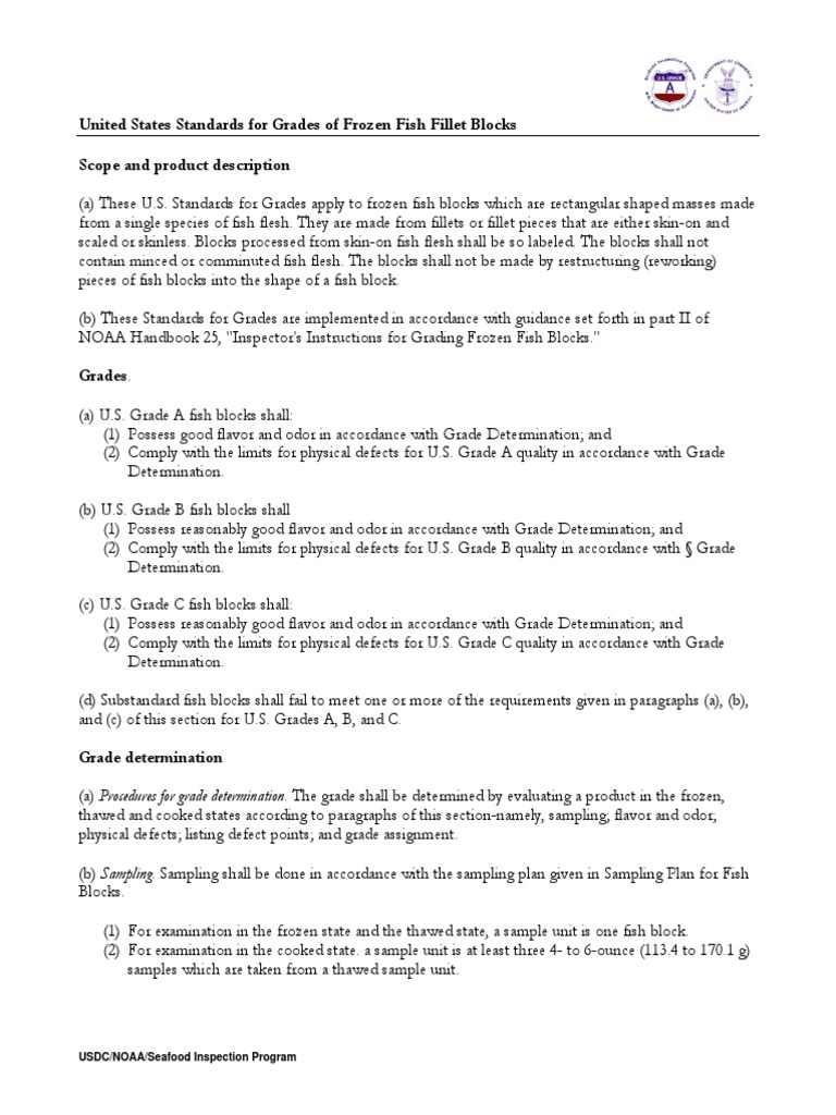 United States Standards For Grades of Frozen Fish Fillet Blocks Scope ...