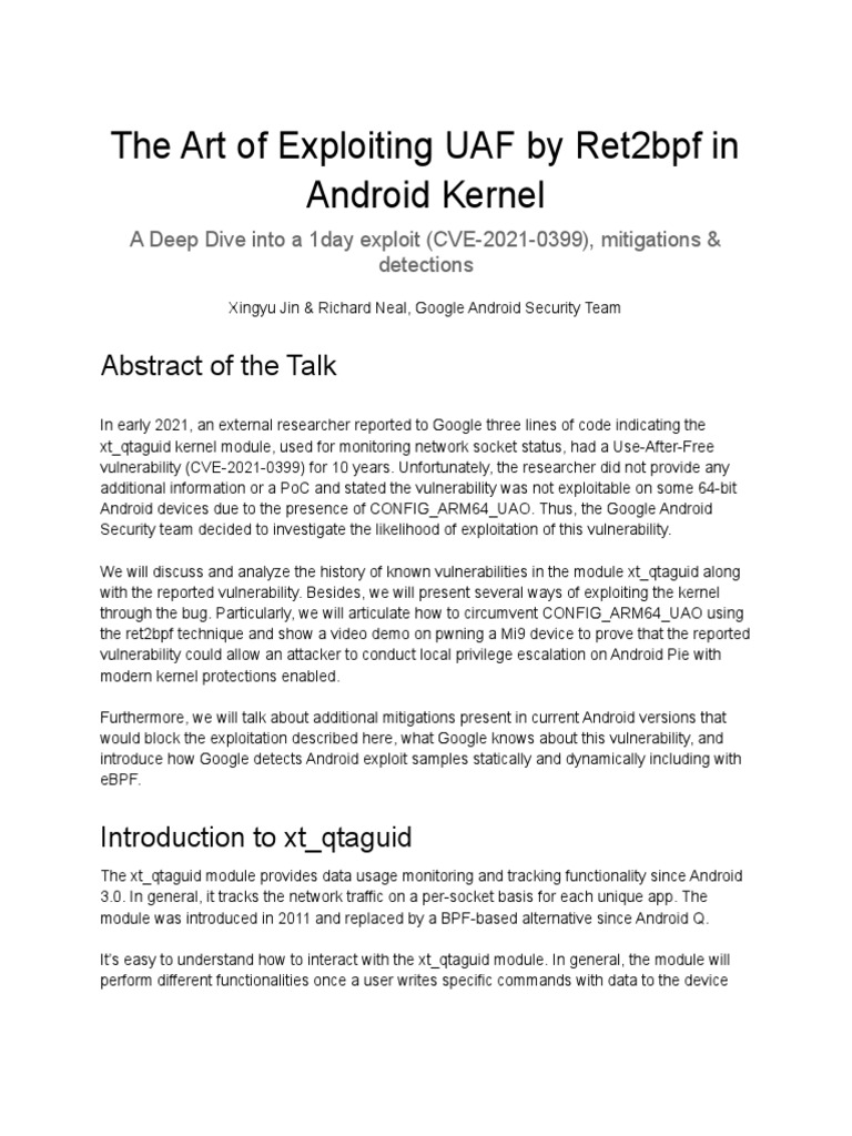 The Art of Exploiting UAF by Ret2bpf in Android Kernel | PDF | Malware | Android (Operating System)