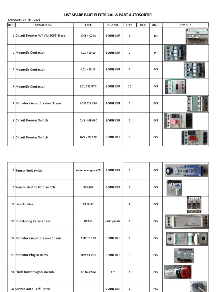 List Spare Part Electrical & Part Autosortir: NO Spesifikasi Type Brand ...