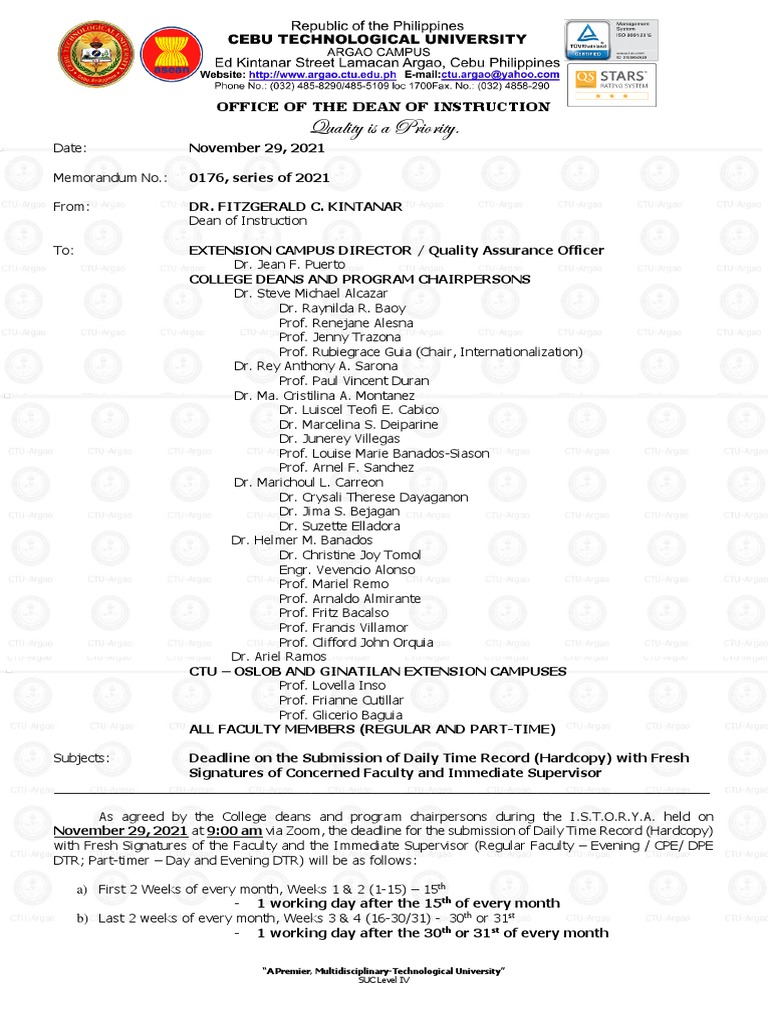 Memorandum 76 Deadline For DTR Submission | PDF