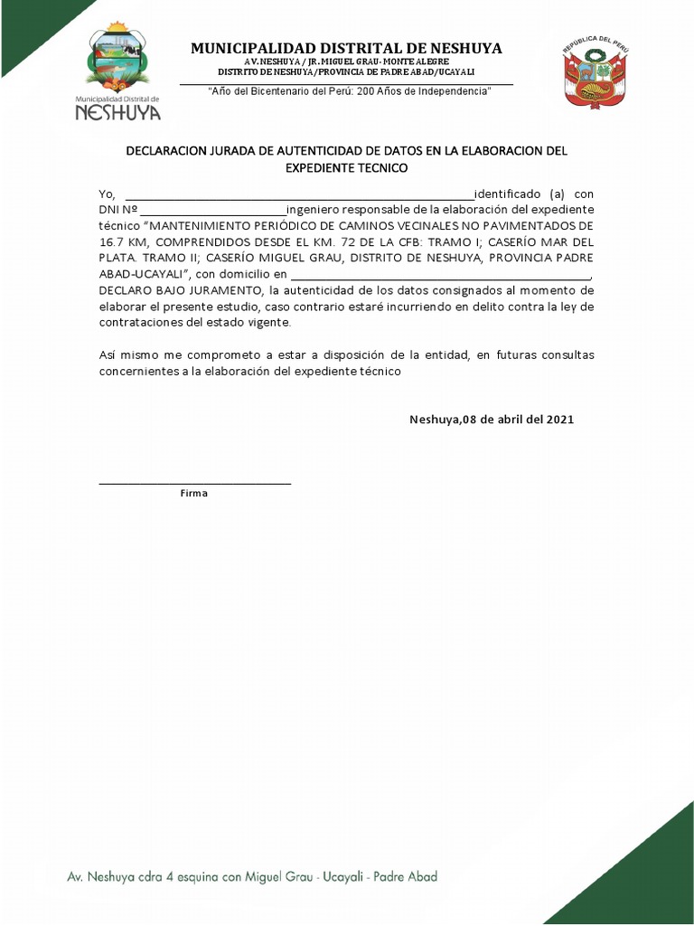 Declaracion Jurada de Autenticidad de Datos en La Elaboracion Del Expediente Tecnico | PDF