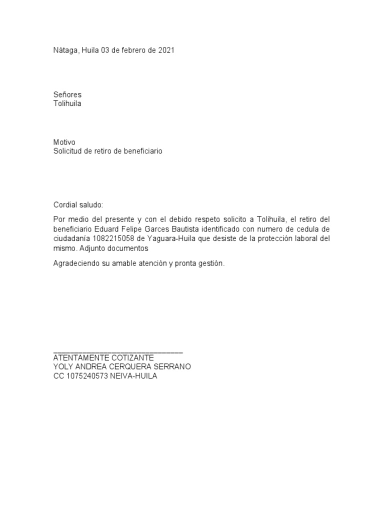 Carta de Retiro Beneficiario | PDF