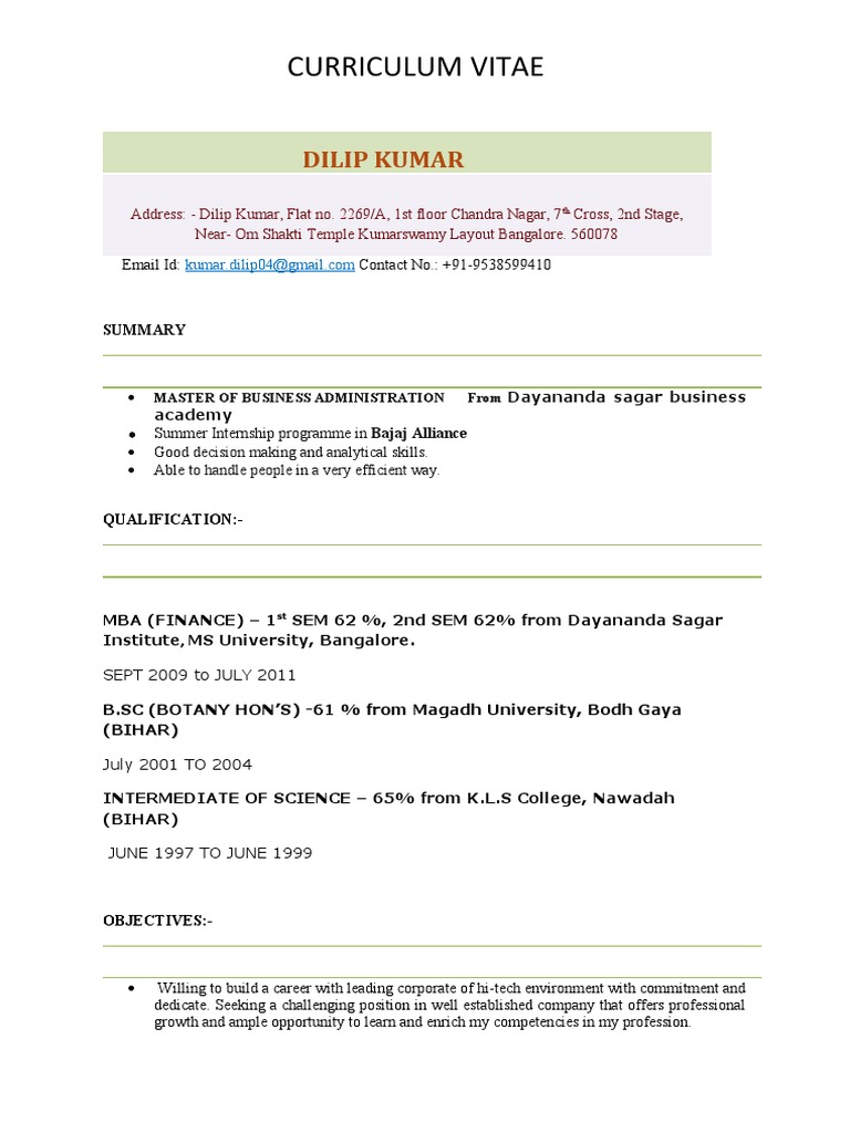 Curriculum Vitae: Dilip Kumar | PDF | Cognition | Behavior Modification