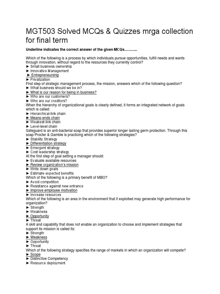 Mgt503 Solved Mcqs & Quizzes Mrga Collection For Final Term | PDF ...