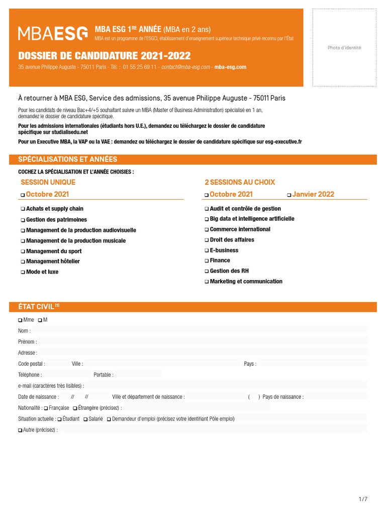 Dossier de candidature MBA ESG 2021-2022 | PDF | Maîtrise en ...