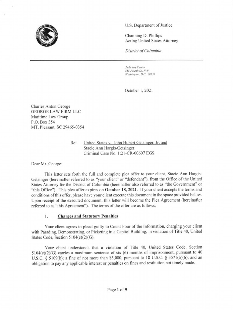 Signed Stacie Getsinger Plea Letter and Statement of Offense | PDF | Plea | Discovery (Law)