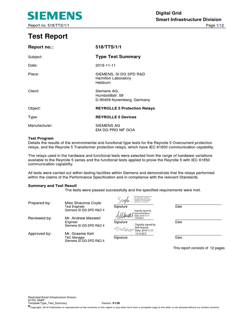 7SR5 Reyrolle 5 Type Test Summary Report | PDF | Power Supply | Transformer