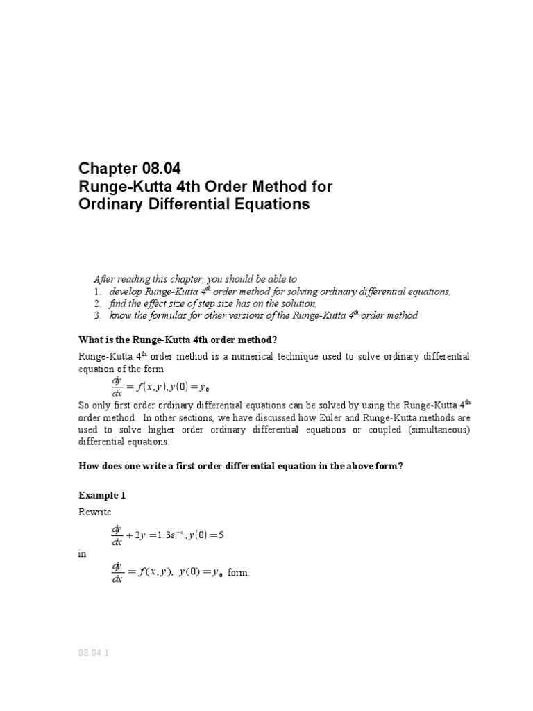 Runge-Kutta 4th Order Method For | PDF | Equations | Differential Equations