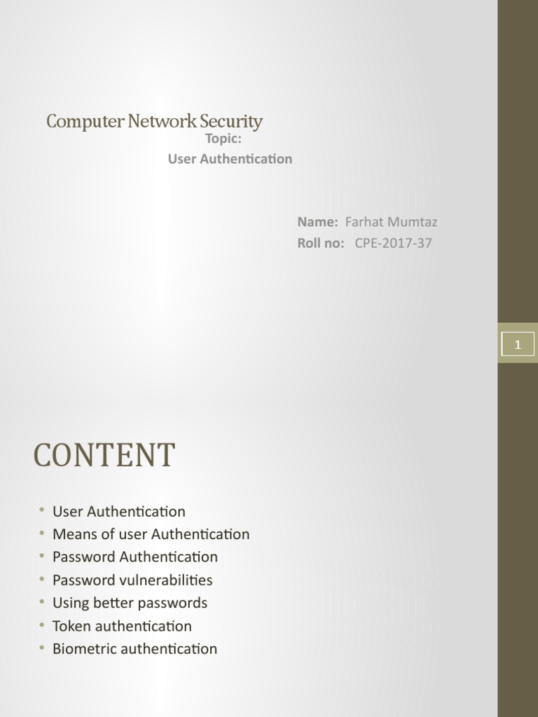 Computer Network Security: Topic: User Authentication | PDF | Password | Authentication