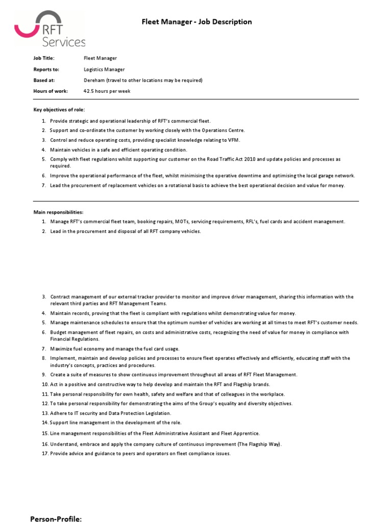 Fleet Manager - Job Description: Job Title: Reports To: Based At: Hours ...