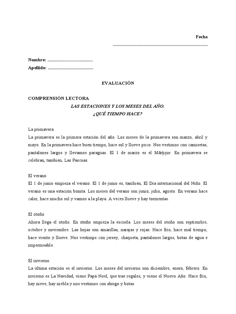Comprensión Lectora: Estaciones y Meses | PDF | Temporada de primavera ...