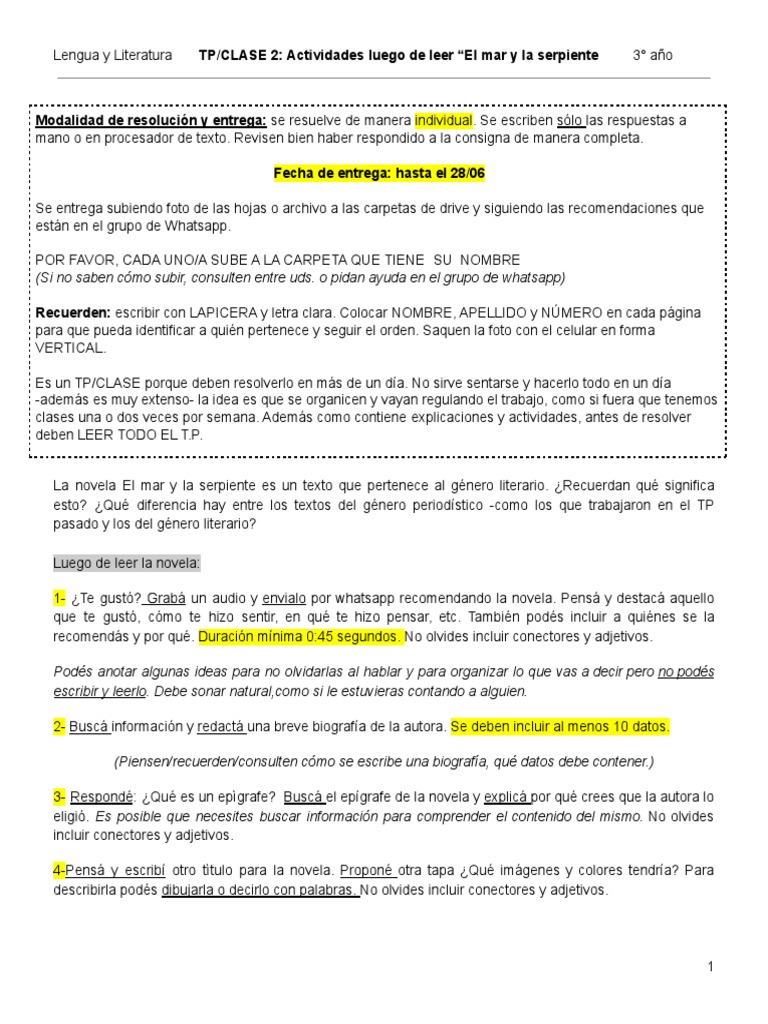 TP - CLASE 2 LyL - Actividades - El Mar y La Serpiente | PDF | Escritura | Adjetivo