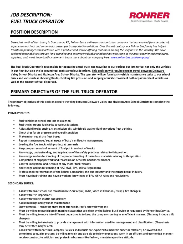 Job Description: Fuel Truck Operator | PDF | Truck | Vehicles