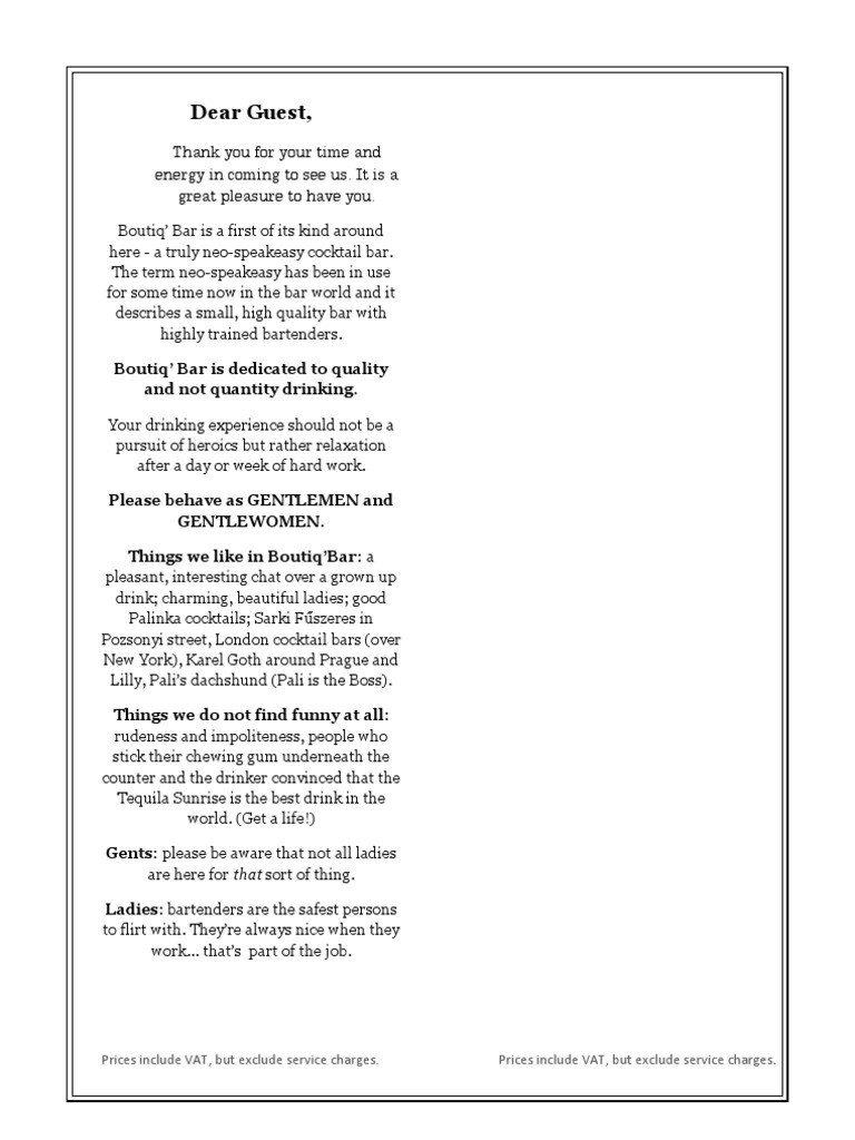 Boutiq Bar Budapest Cocktail Menu | PDF | Martini (Cocktail) | Barrel