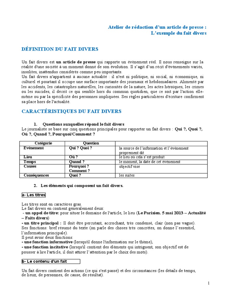 1.1SUPPORT de COURS - Définition D'un Fait Divers | PDF | Phrase | Journaux