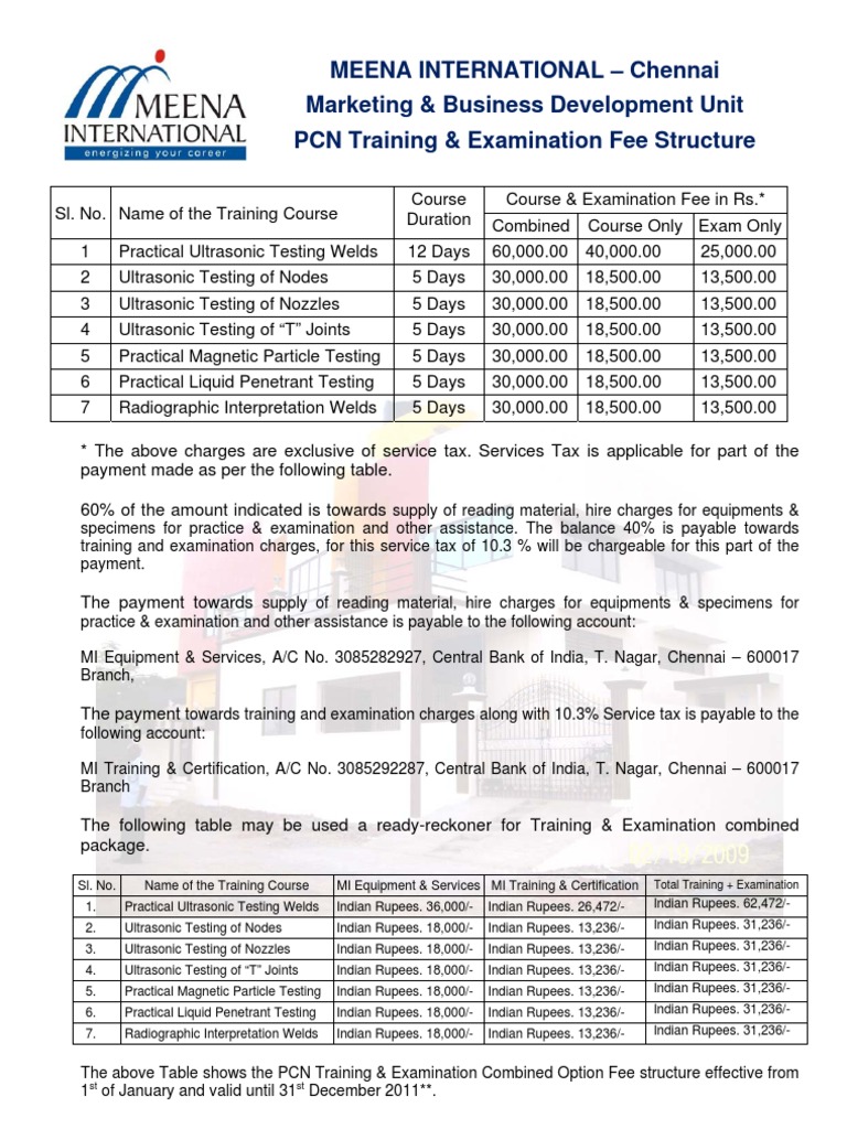 PCN Examination and Training Fee Structure | PDF | Ultrasound | Welding