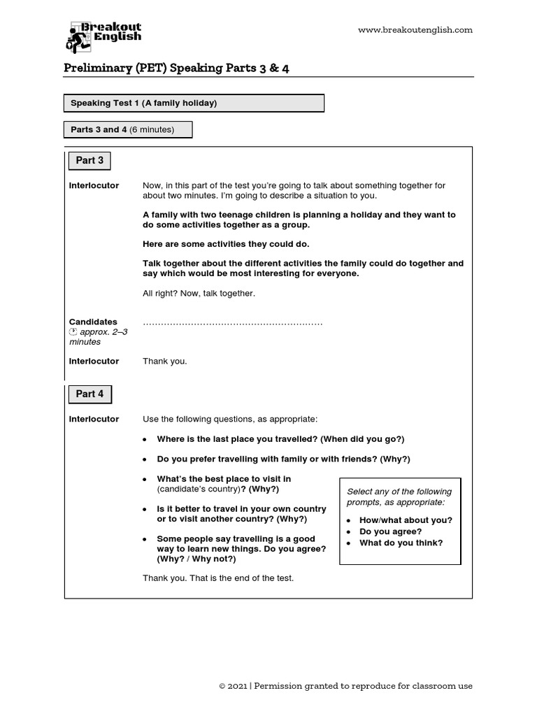 Preliminary PET Speaking Parts 3 and 4 | PDF