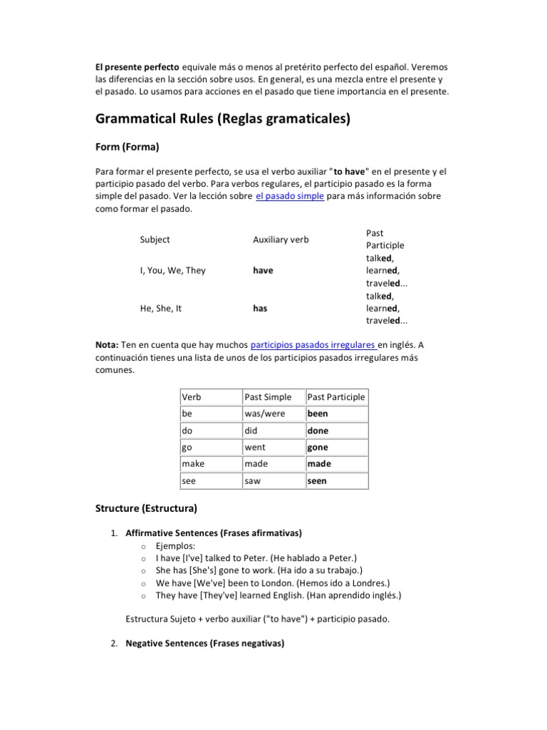 El Presente Perfecto Equivale Más o Menos Al Pretérito Perfecto Del ...