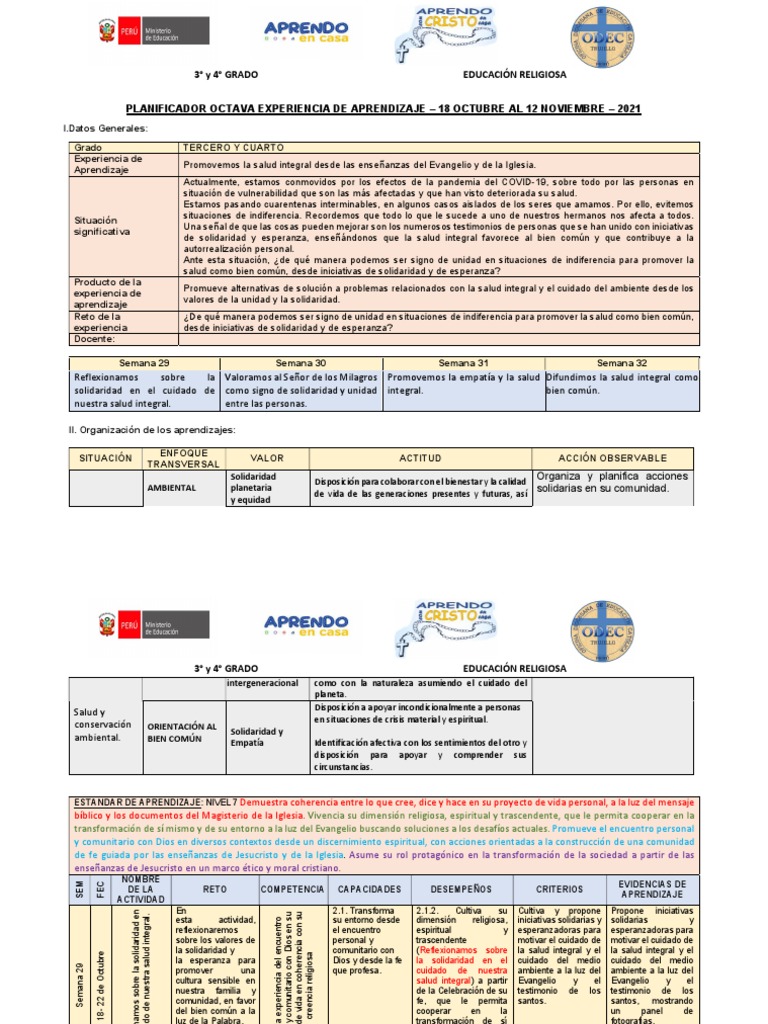 Planificador de La Experiencia 8 VII Ciclo 3° y 4° Secundaria | PDF | Fe | Moralidad
