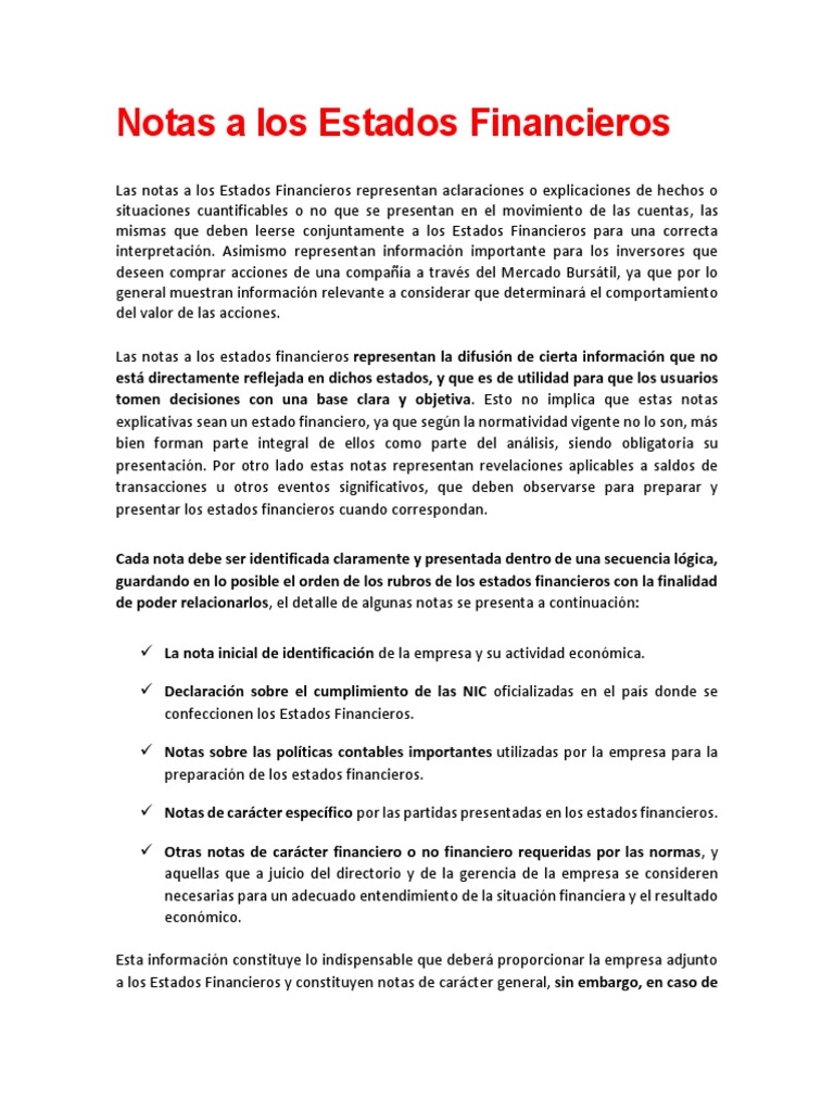 Notas A Los Estados Financieros | PDF | Estado financiero | Contabilidad
