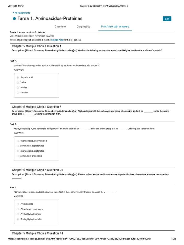 Tarea 1. Aminoacidos-Proteinas: Chapter 5 Multiple Choice Question 1 | PDF | Biomolecular ...