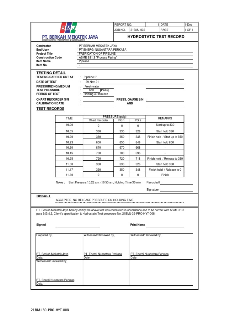 Report Hydrostatic Test Pipeline 6 Inch | Download Free PDF ...