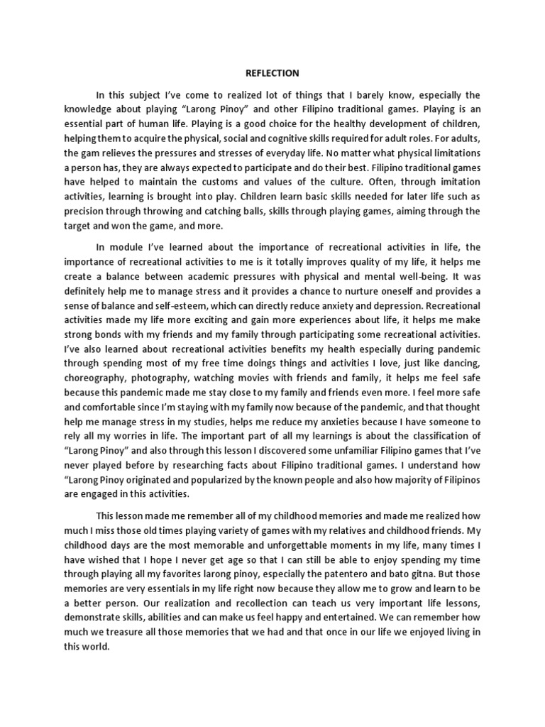 REFLECTION | PDF | Recreation | Behavior Modification