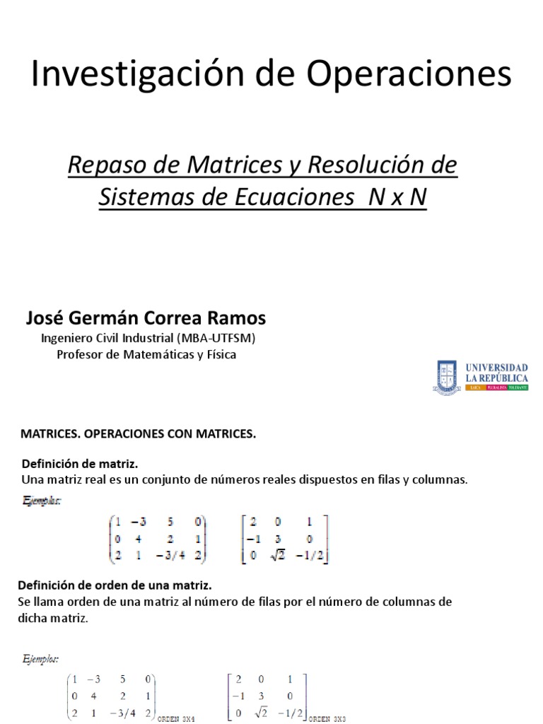 Repaso de Matrices y Sistemas de Ecuaciones-1 Sesion | PDF