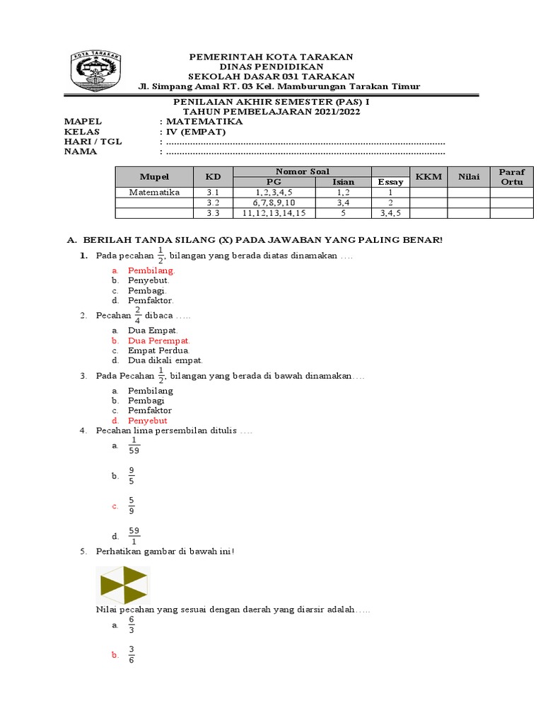 Soal Pas MTK Kelas 4 A | PDF | Metode & Bahan Ajar